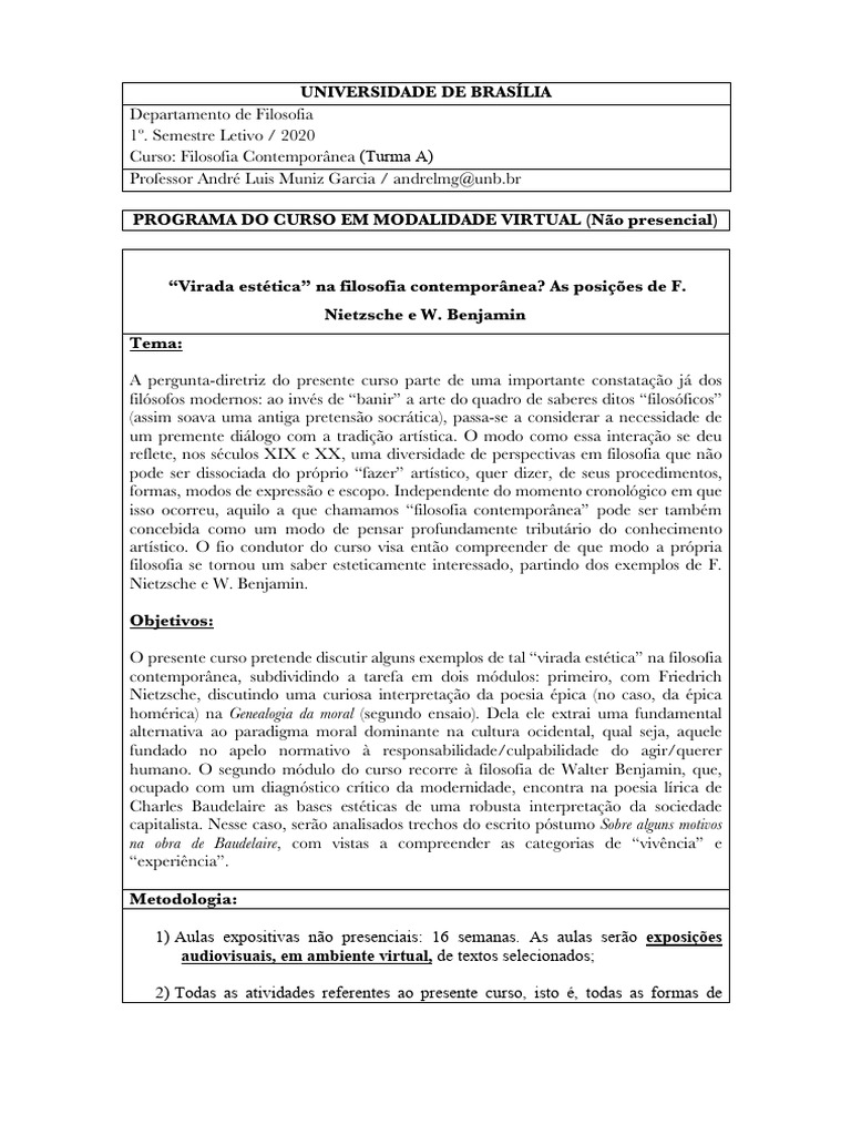 Programa Fil. Contemporânea Turma A - Prof. André Muniz 1 | PDF