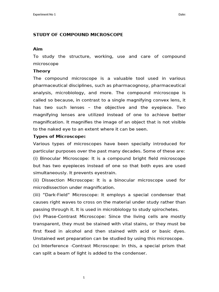 Study of Compound Microscope-1 | PDF