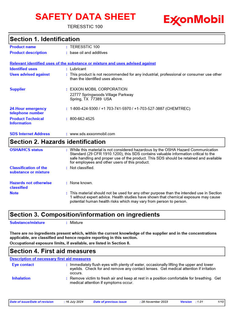 TERESSTIC 100 - MSDS (16 July 2024) | PDF