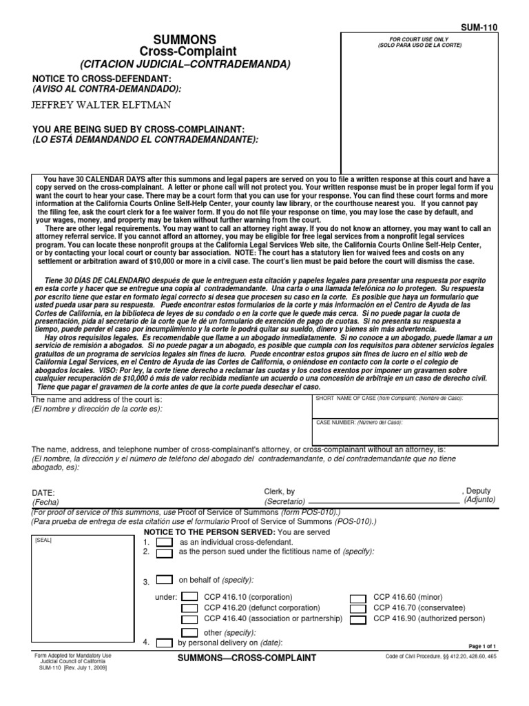 Summons - Cross-Complaint | PDF