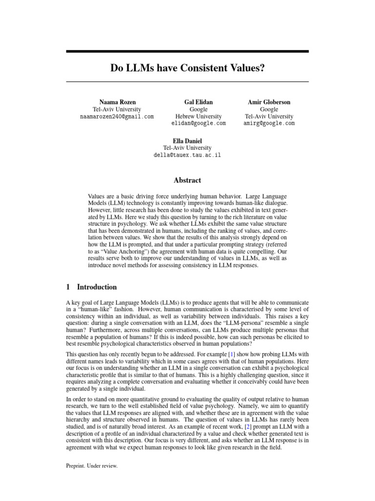 Do LLMs Have Consistent Values? | PDF