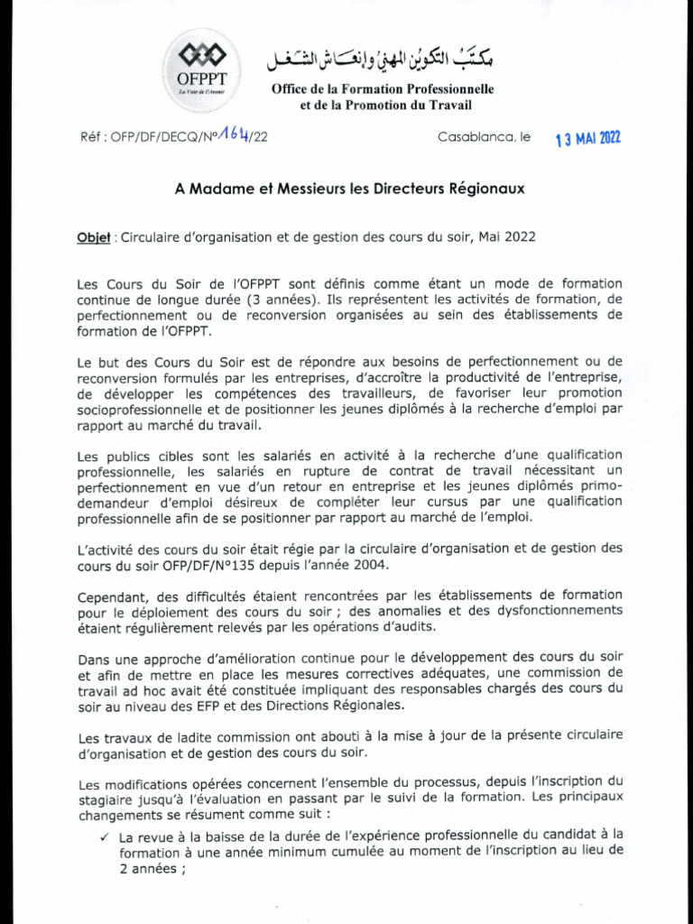 Note D'acompagnement DR Circulaire Cours Du Soir Mai 2022 | PDF