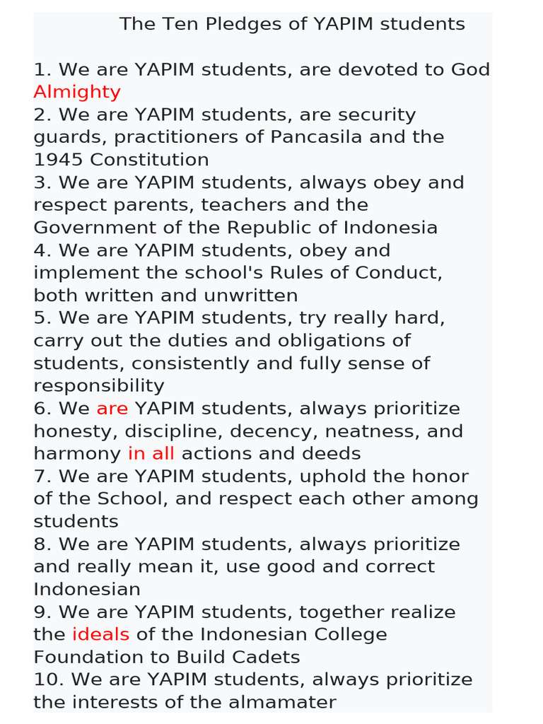 The Ten Pledges of YAPIM Students | PDF | Career & Growth