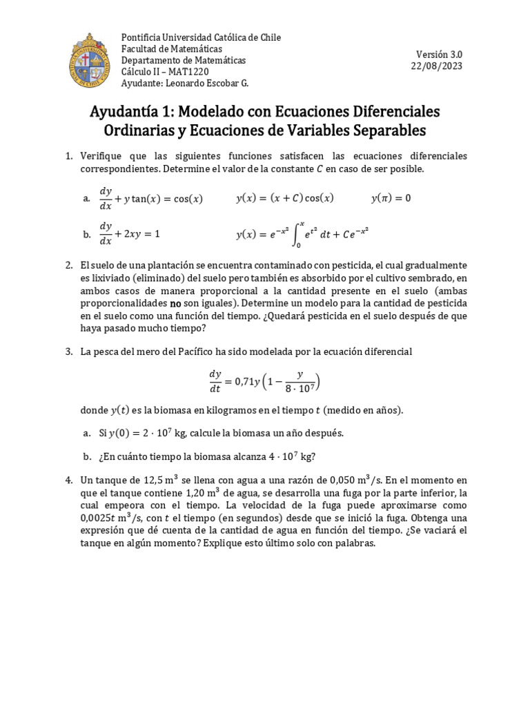 Ayudantía 1 - Modelado Con EDOs y Ecuaciones de Variables Separables | PDF