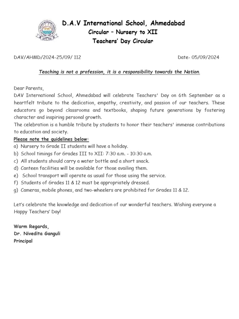Teachers Day Circular 2024-1 | PDF