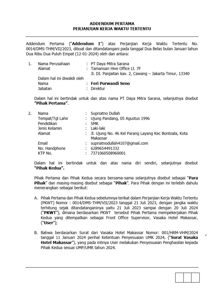 Addendum PKWT 2024: Perubahan Gaji | PDF