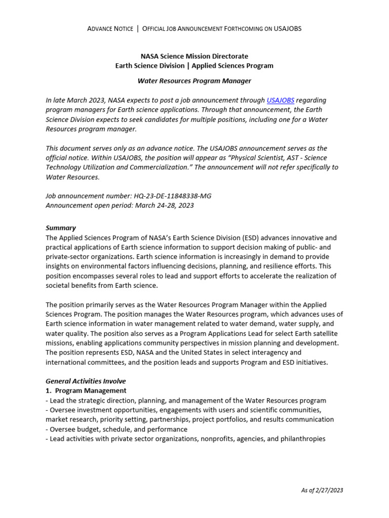 Water Resources Program Manager Job Description | PDF