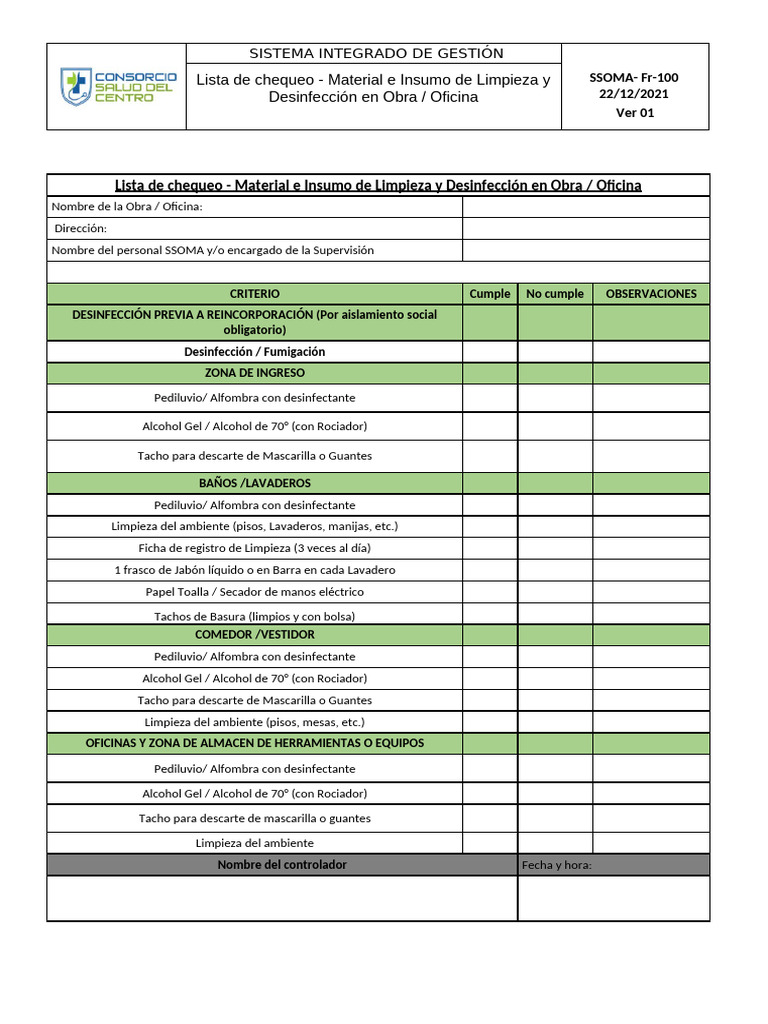 SSOMA-Fr-100 Lista de chequeo - Material e Insumo de Limpieza y Desinfección en Obra Oficin | PDF