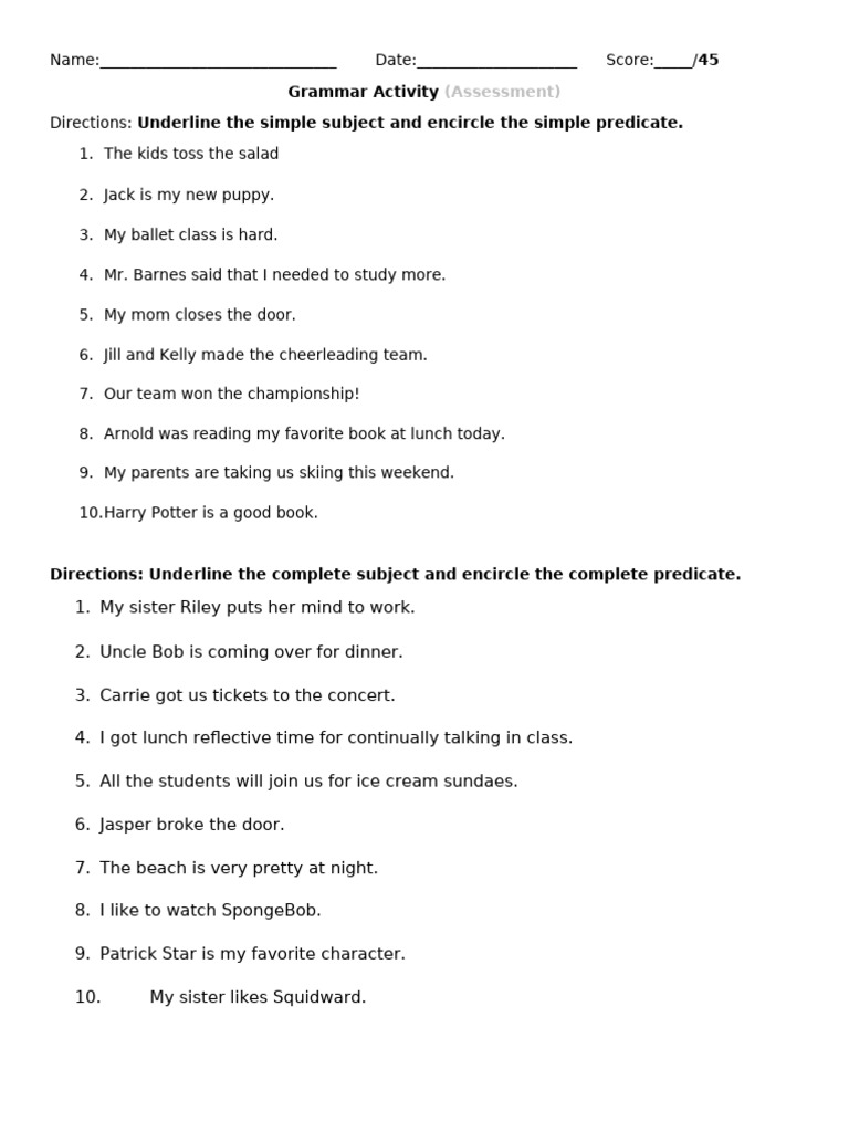 45 Grammar Activity Underline The Simple Subject and Encircle The ...