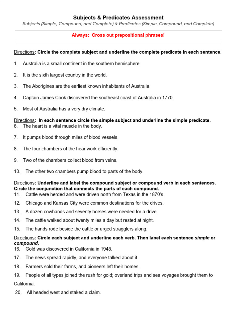 Subjects & Predicates Assessment: Subjects (Simple, Compound, and ...