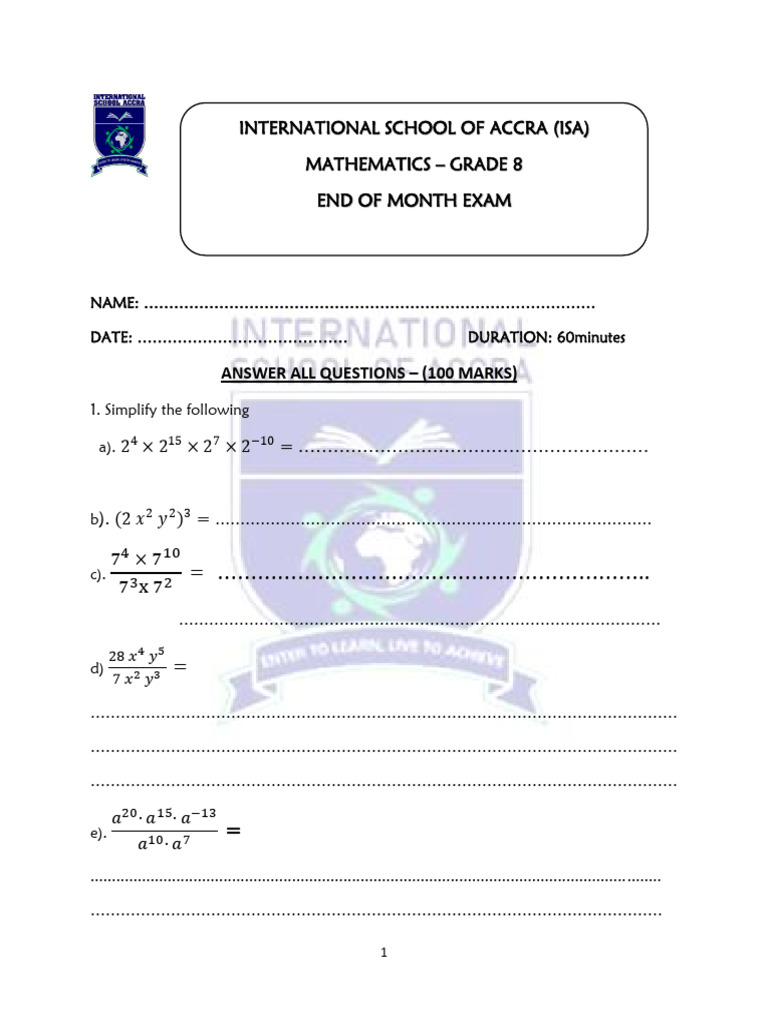Grade 8 Sem I Monthly Exam | PDF