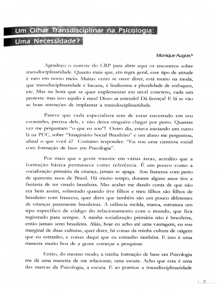 TEXTO COMPLEMENTAR 01 Um Olhar Transdisciplinar Na Psicologia Uma Necessidade AUGRA | PDF