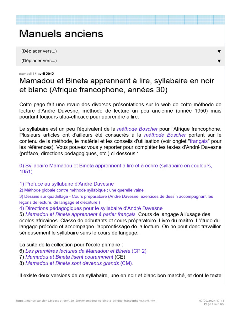 Manuels Anciens - Mamadou Et Bineta Apprennent À Lire, Syllabaire en Noir Et Blan | PDF