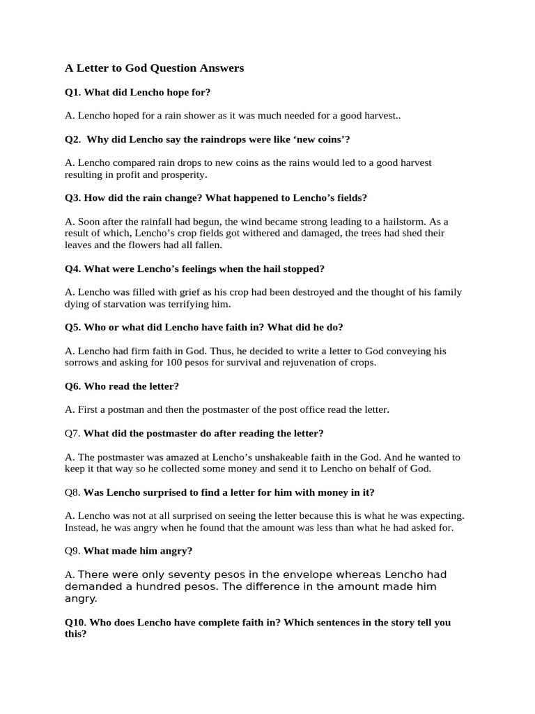 A Letter To God Question Answers | PDF