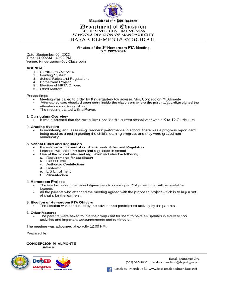 1ST Hpta Meeting Minutes | PDF | Curriculum | Learning