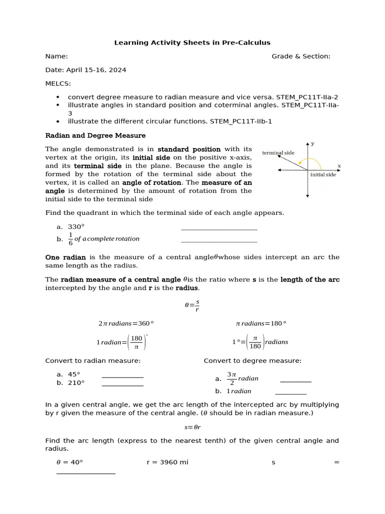 Learning Activity Sheets in PreCalculus | PDF