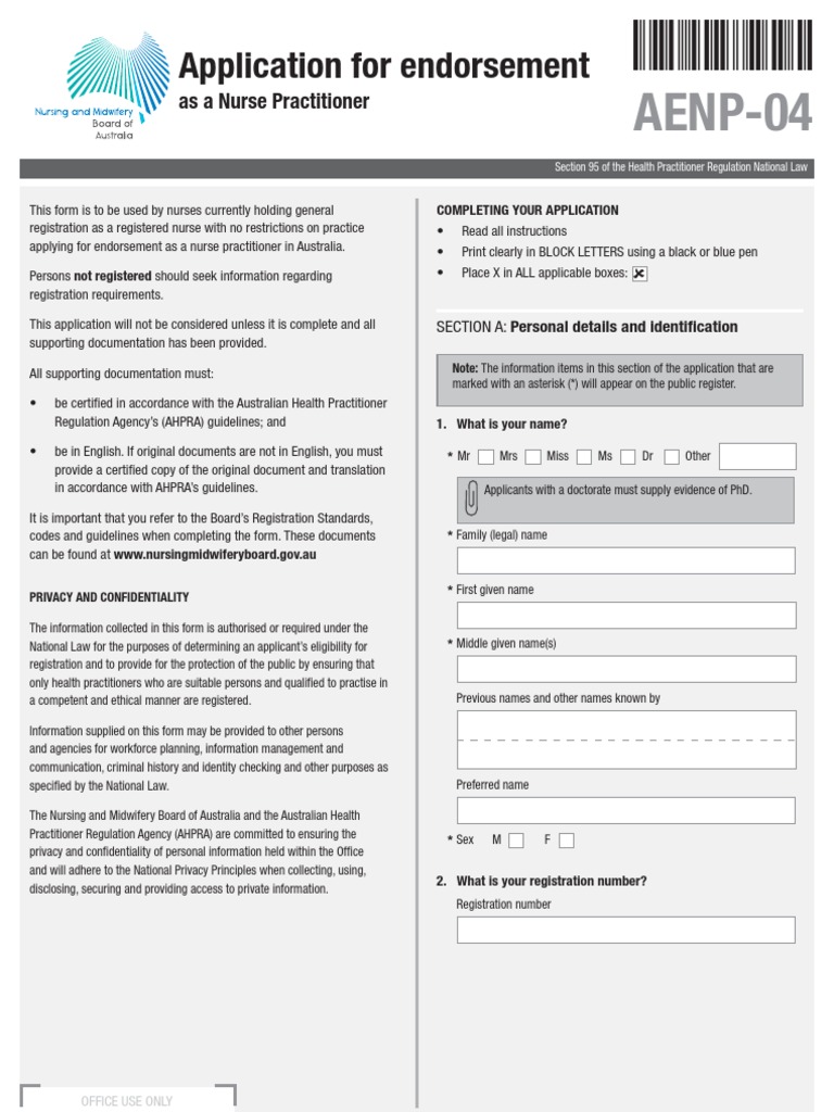 Application for Endorsement as a Nurse Practitioner AENP 04 | Physician ...