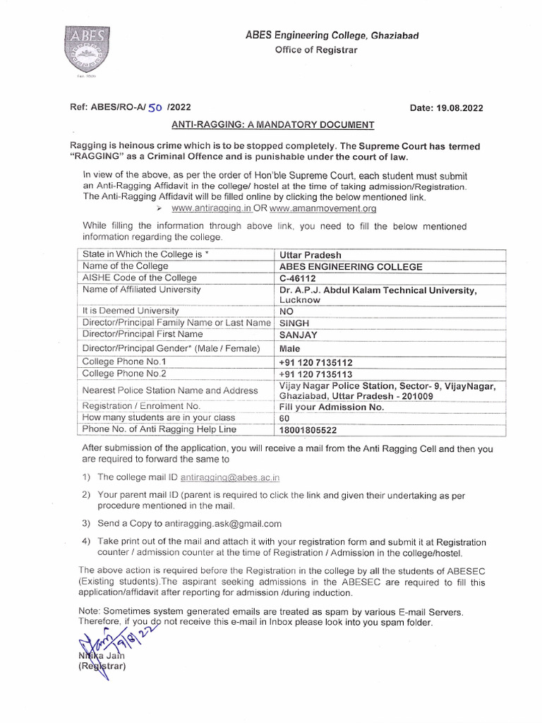 Anti Ragging Affidavit Guidelines | PDF