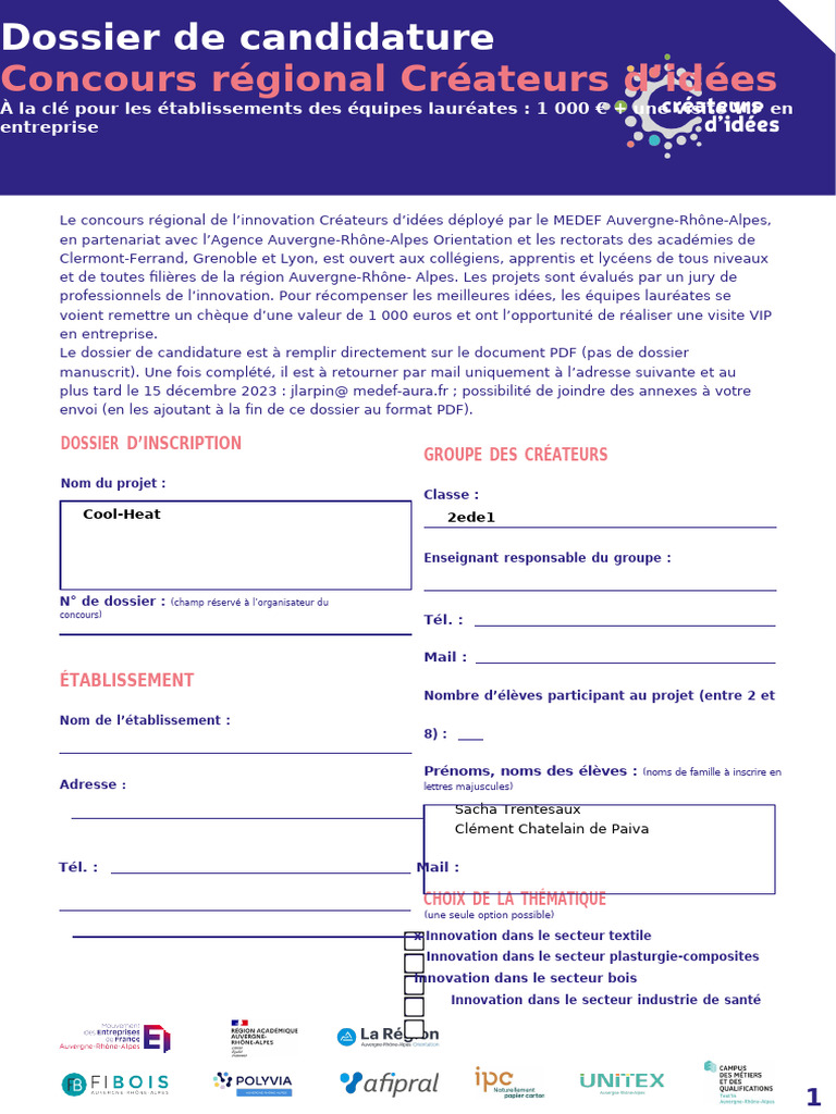 Dossier Candidature Createur Clement Et Sacha Cool-Heat 2023-2024 | PDF
