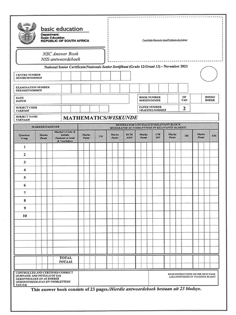 Mathematics P2 Nov 2023 Answer Book Eng & Afr | PDF