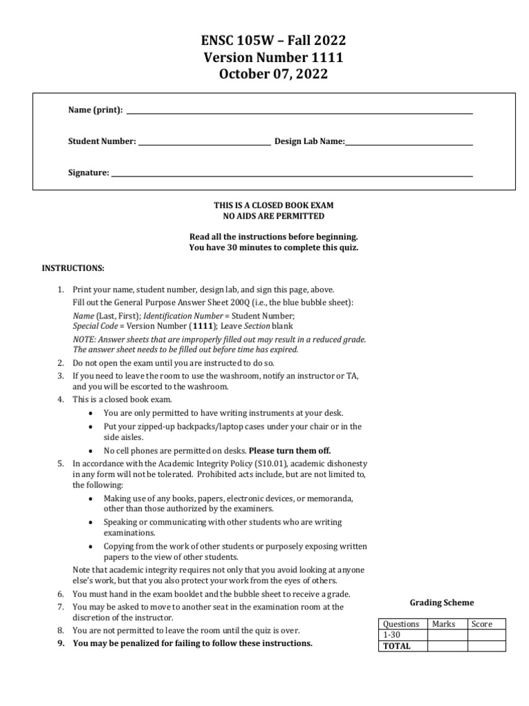 ANSWERKEY Quiz1 Ver1 ENSC105W Fall2022 | PDF