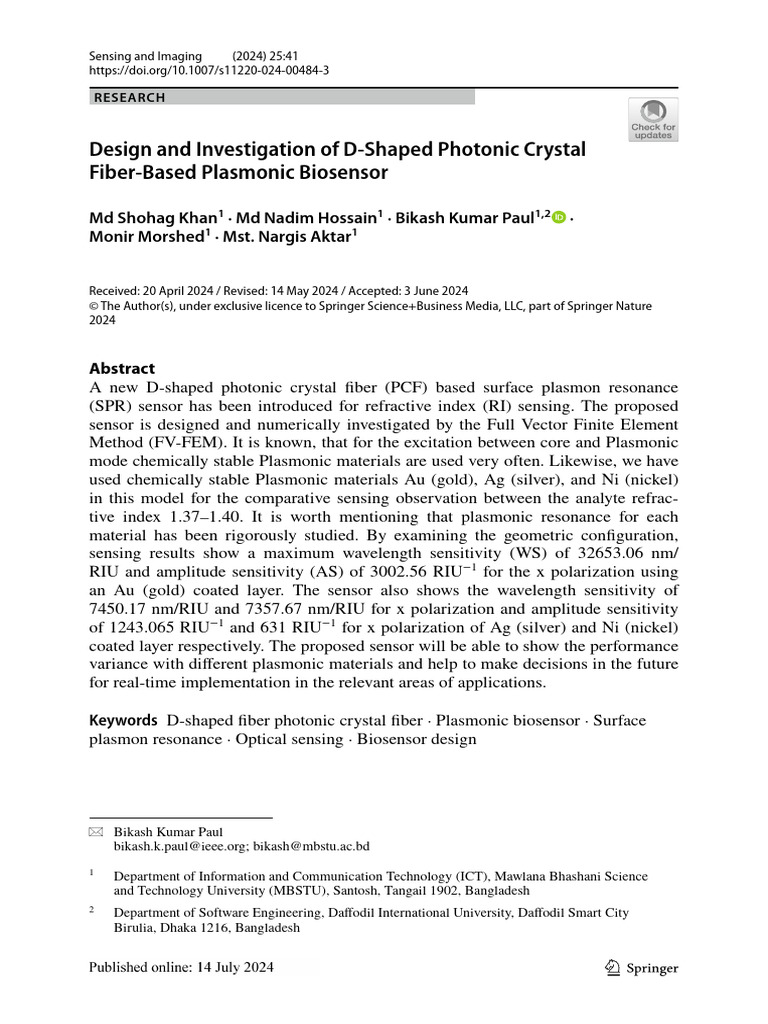 Design and Investigation of D Shaped Photonic Crystal Fiber Based Plasmonic Biosensor | PDF