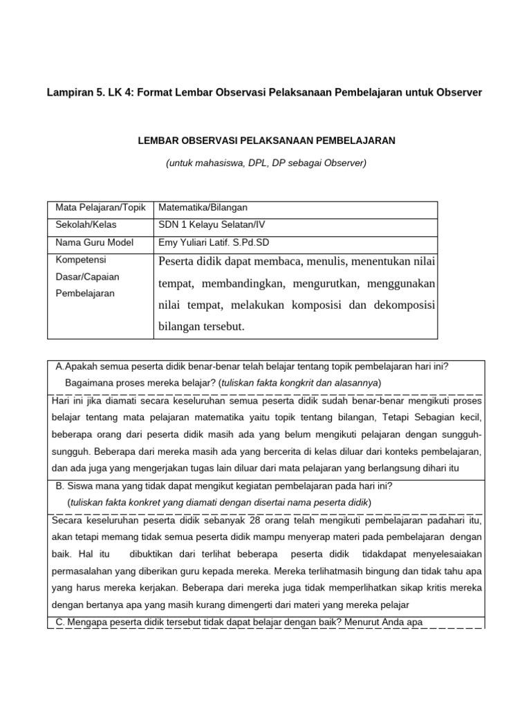 Lampiran 5. LK 4 Format Lembar Observasi Pelaksanaan Pembelajaran Untuk Observer | PDF