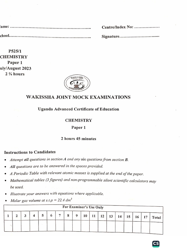 Uace 2023-Chem 1 Wakissha | PDF