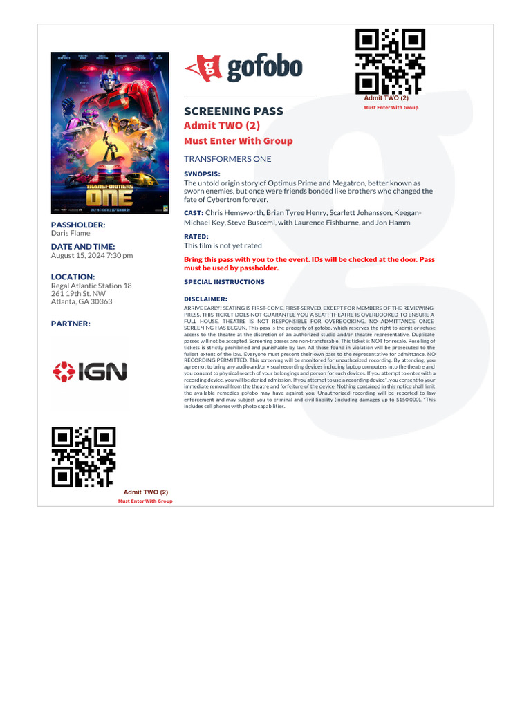 Screening Passes - TRANSFORMERS ONE | PDF