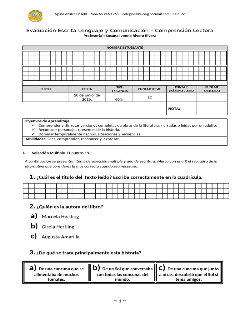 Eval. Lenguaje La Cuncuna Filomena | PDF
