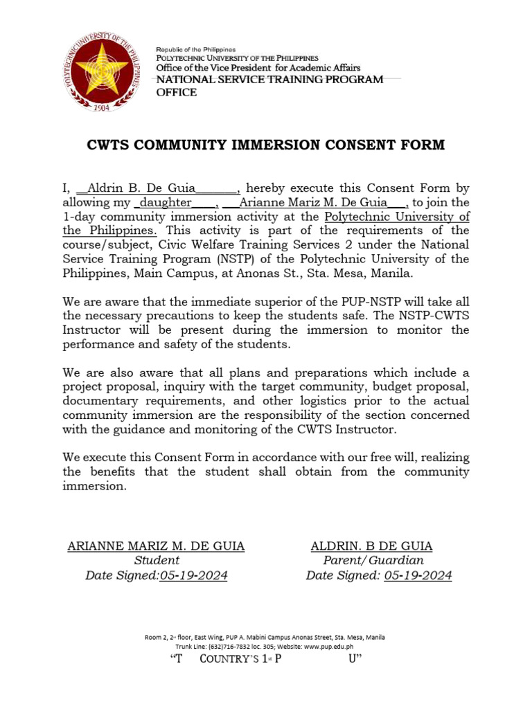 Cwts Community Immersion Consent Form | PDF