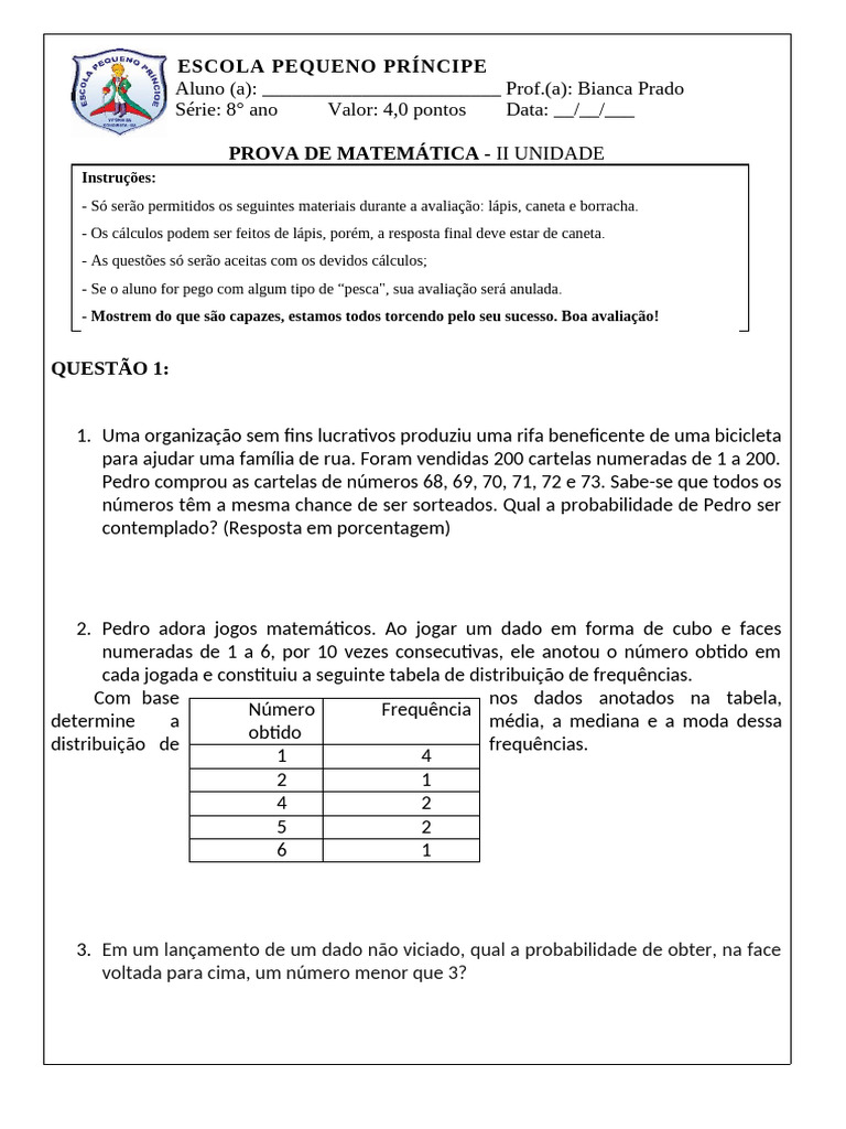 2° Uni - Prova - 8° Ano | PDF