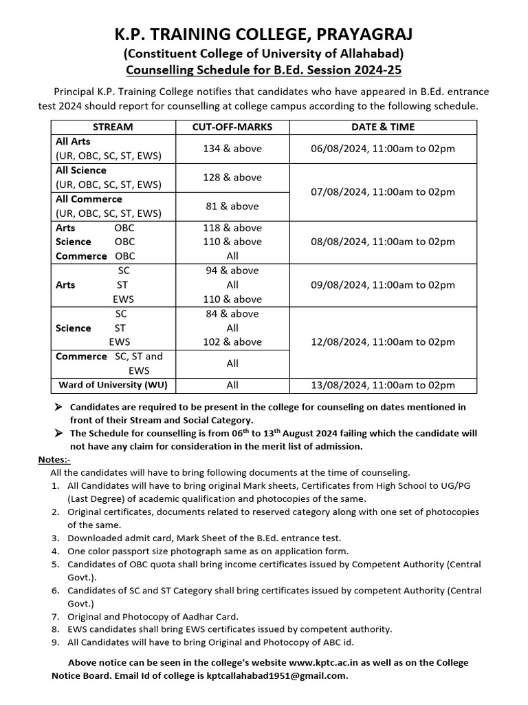 Counselling Schedule For B.Ed Session 2024 | PDF
