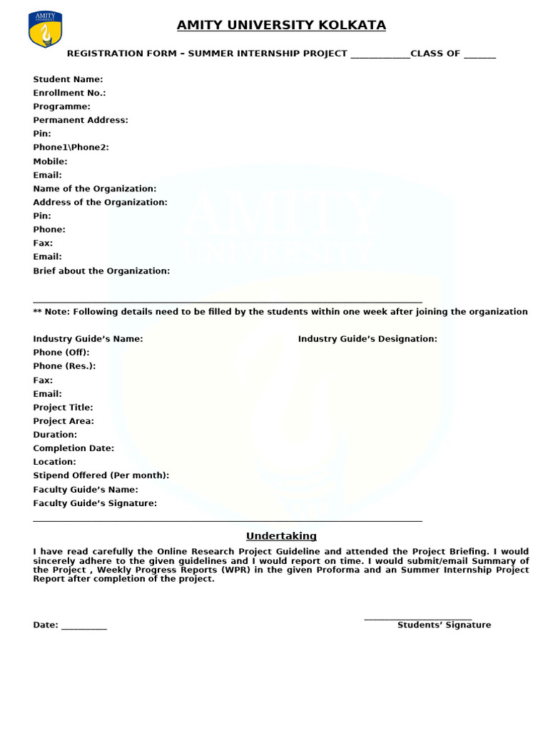 Annexure 1 - Summer Internship Project Registration Form | PDF
