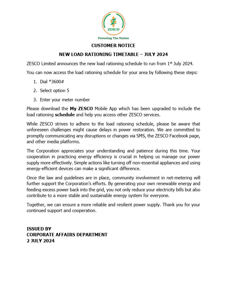 Customer Notice - Load Rationing Schedule Update 010724 (Updated) | PDF