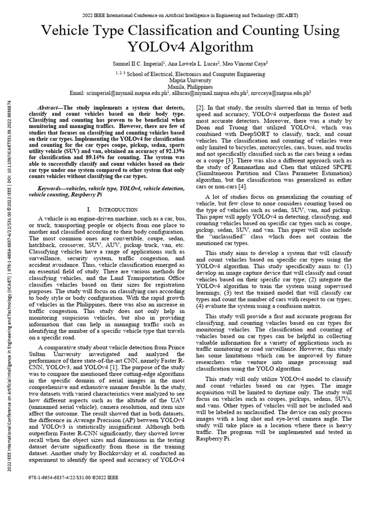 Vehicle Type Classification and Counting Using YOLOv4 Algorithm | PDF
