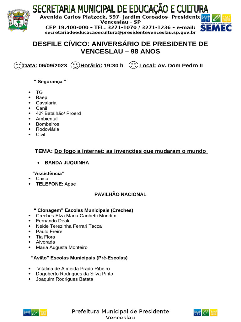 Ordem Do Desfile Cívico 2024 98 Anos | PDF