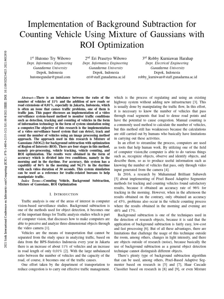 Implementation Of Background Subtraction For Counting Vehicle Using Mixture Of Gaussians With