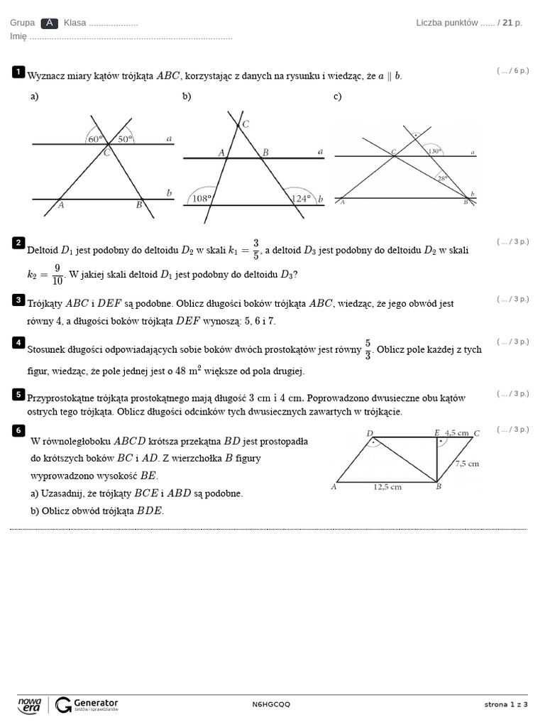 Sprawdzian Planimetria | PDF