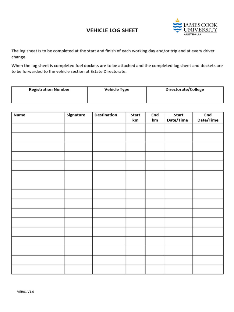 Vehicle Log Sheet VEC01 V1.0 | PDF