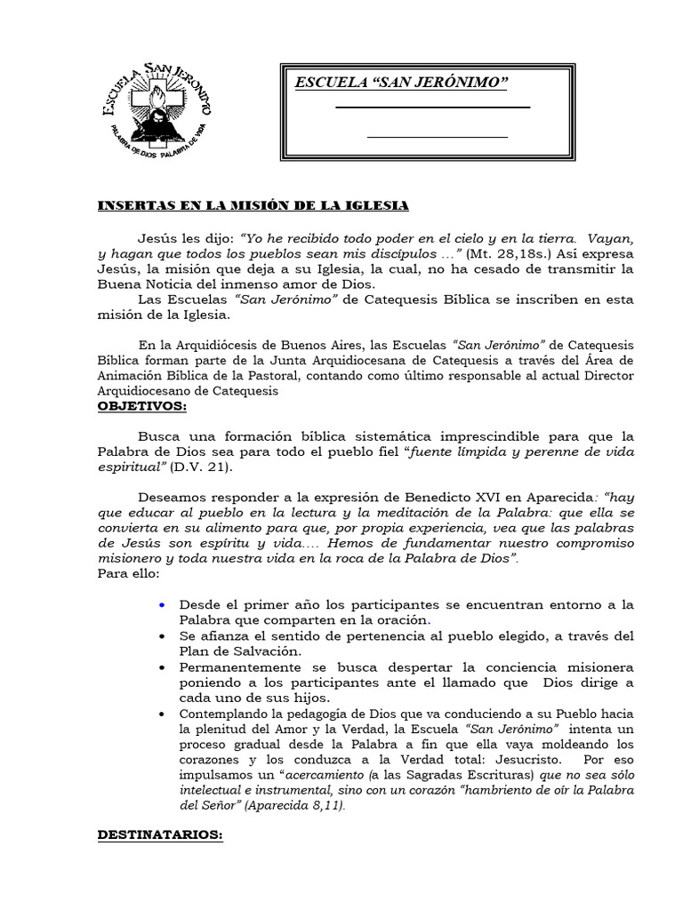 Presentación y Programa Escuela San Jerónimo | PDF