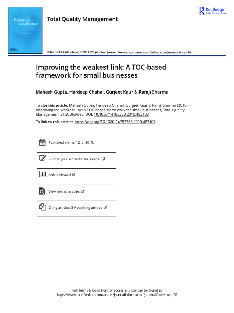 Improving The Weakest Link A TOC-based Framework For Small Businesses | PDF