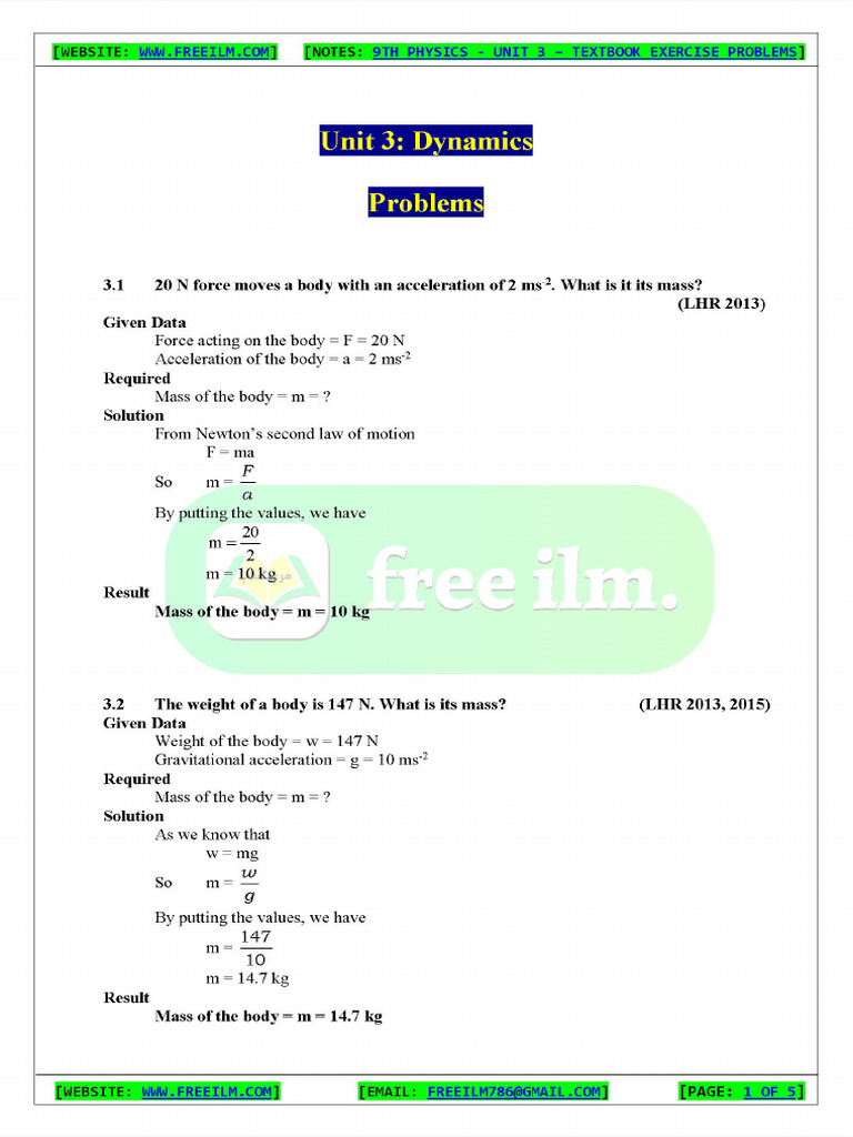 9th Phy CH 3 Numericals | PDF