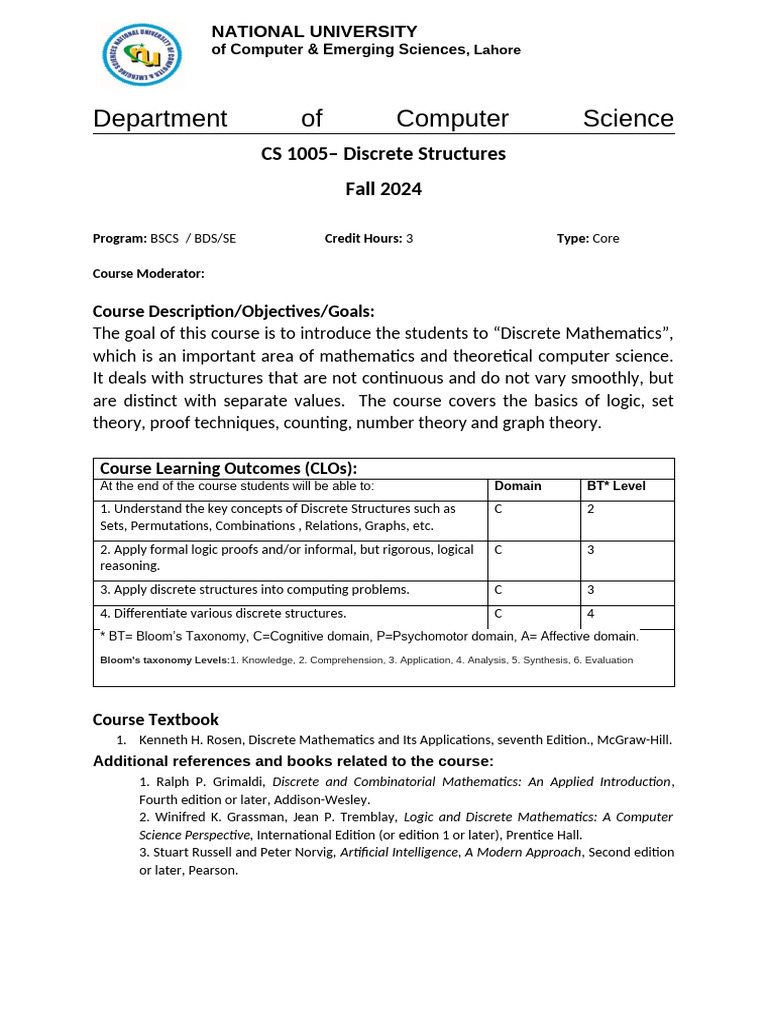 Discrete Structures Course Outline (Fall 24) | PDF