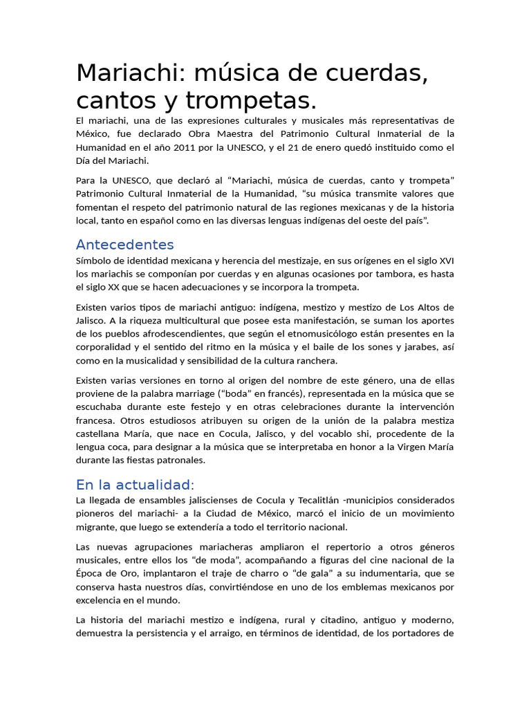 Mariachi - Patrimonio Cultural | PDF | México