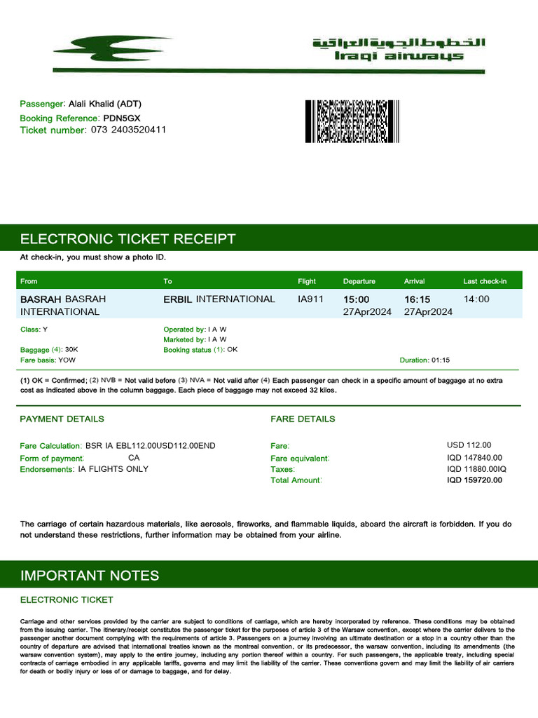 Iraqi Airways ETicket PDN5GX - KHALID | PDF