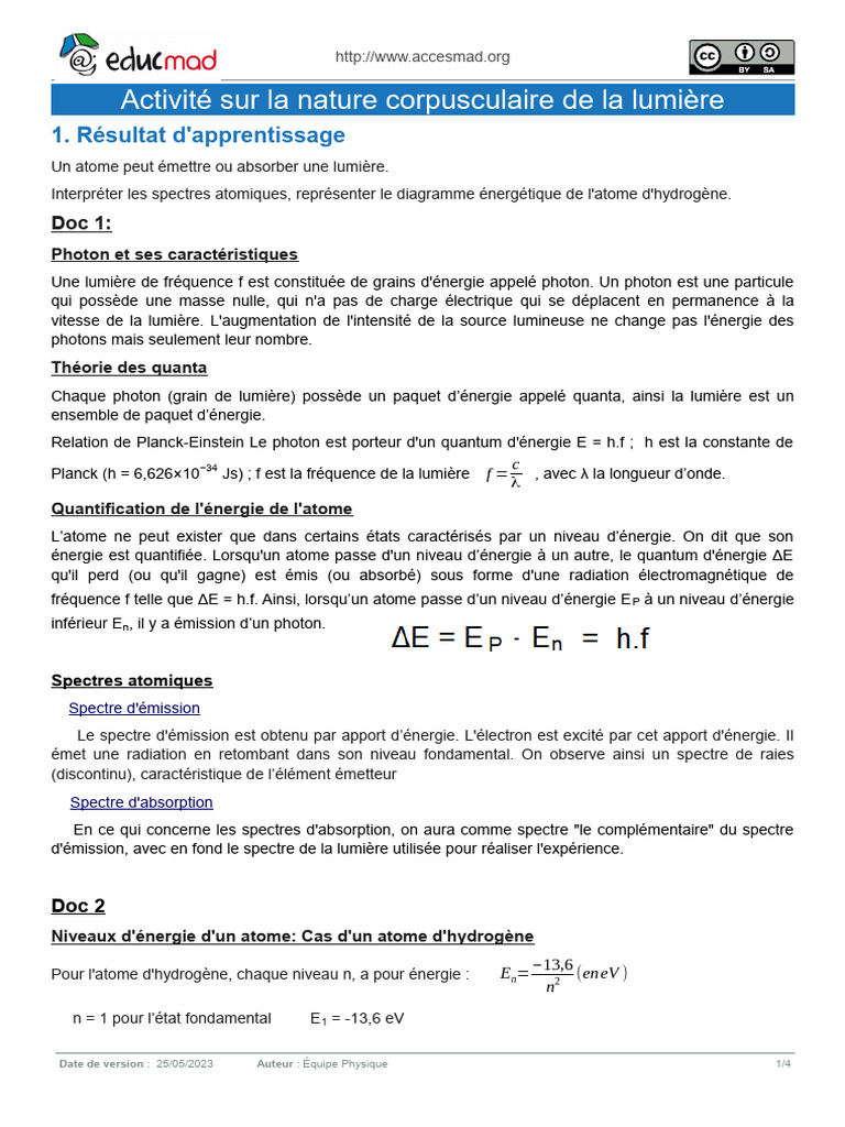 Activité Sur La Nature Corpusculaire de La Lumière | PDF