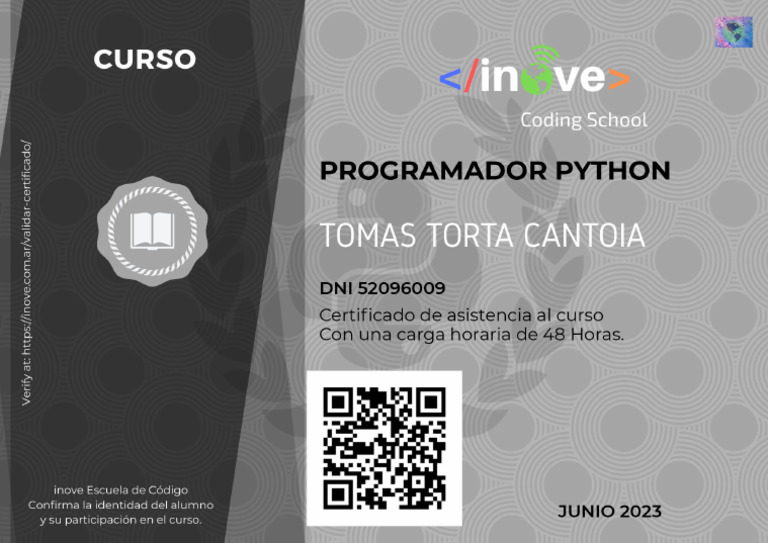 Certificado Programador Python - Tomas Torta Cantoia DNI 52096009 PDF | PDF