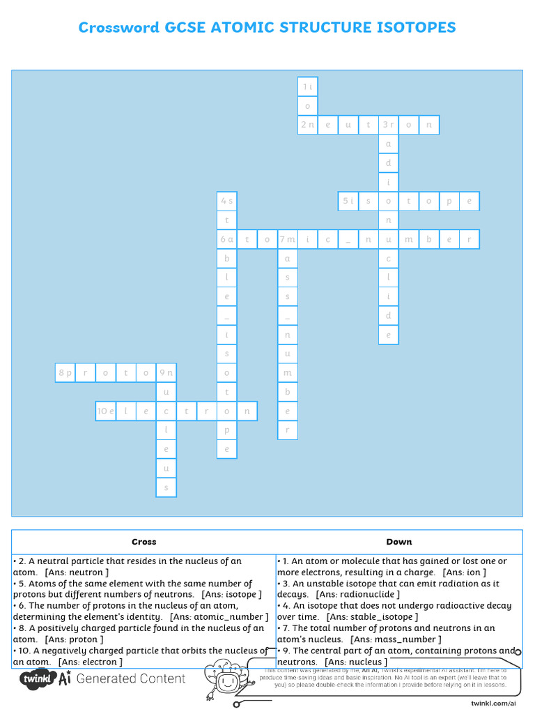 Crosswords Gcse Atomic Structure Isotopes | PDF