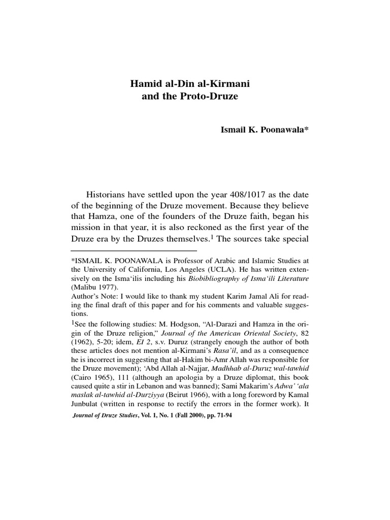 Ismail Poonawala - Hmid Al-Din Al-Kirmani and The Proto-Druze | PDF